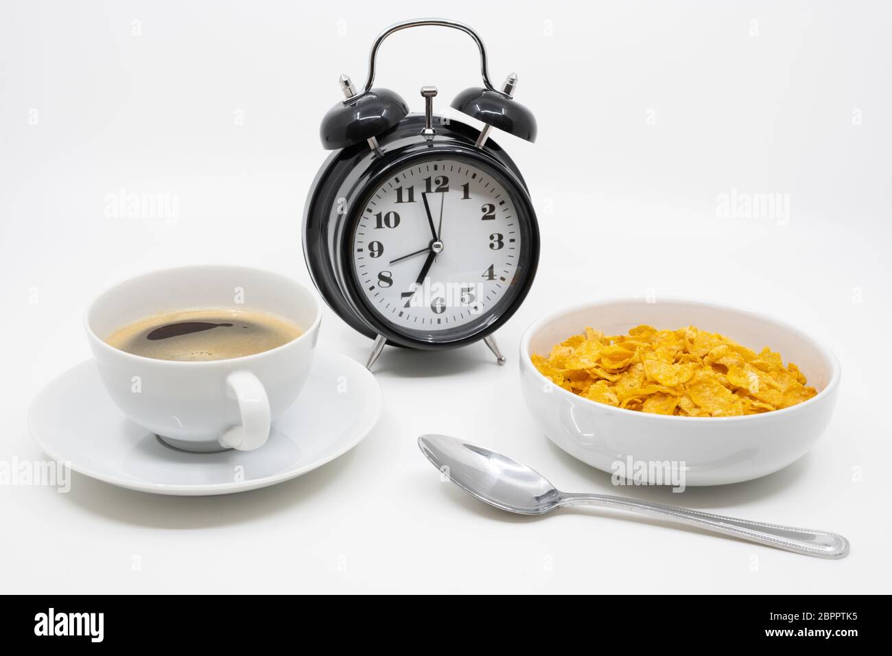 Time for breakfast concept with clock, cereal and coffee Stock Photo ...