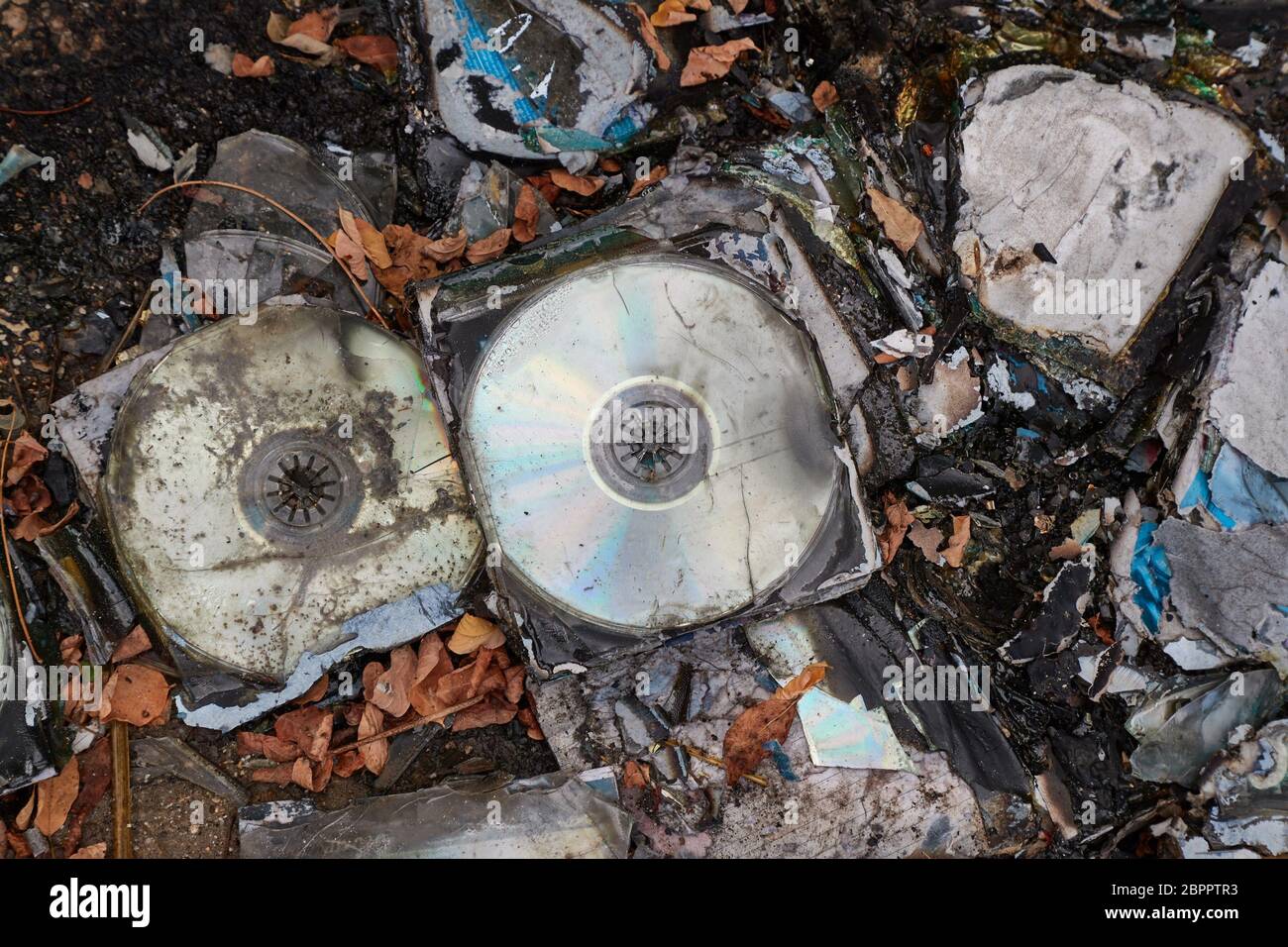 Old CD albums on the ground, optical media thrown away trash on the ...