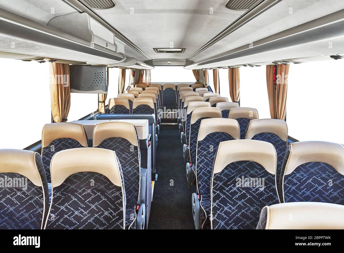 Bus interior empty seats, blanked out white windows Stock Photo - Alamy