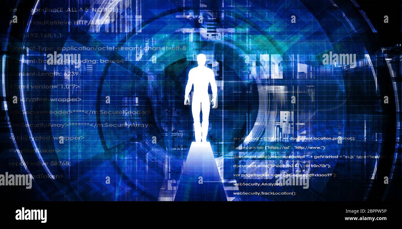 Man Surrounded By Technology Data and Information Art Stock Photo - Alamy