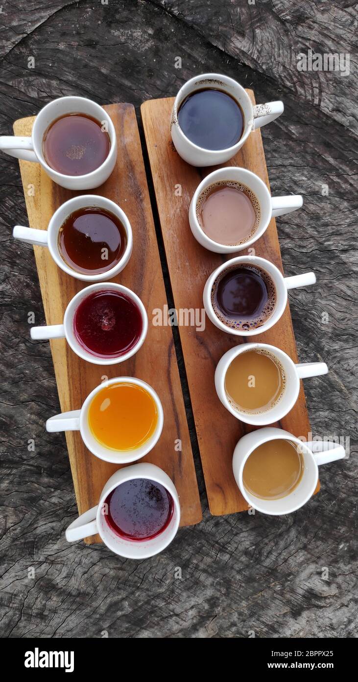 Coffee and tea testing on the wood table Bali, Indonesia Stock Photo ...