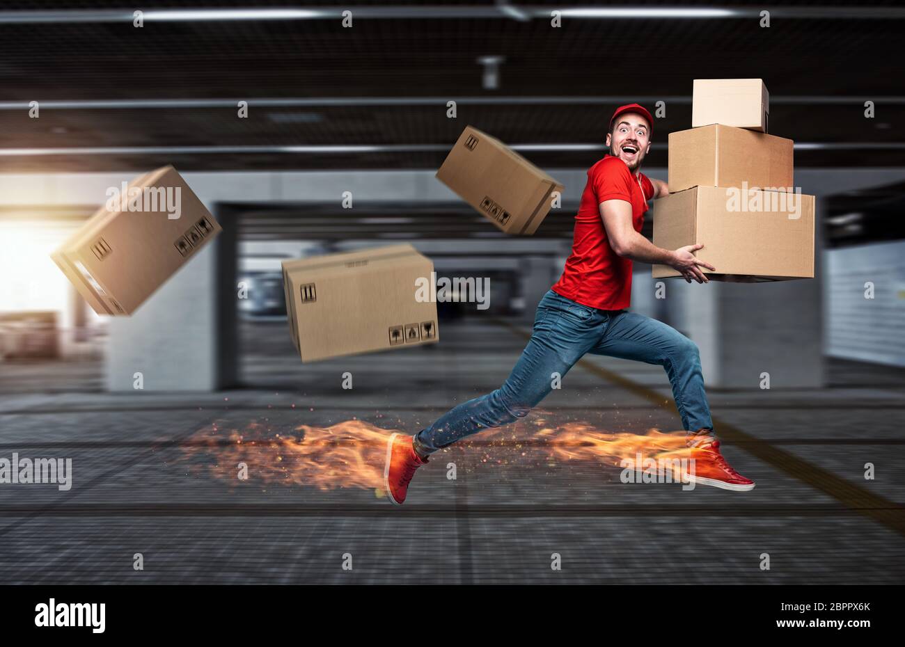 Courier with fiery feet has a lot of boxes to delivery. Emotional ...