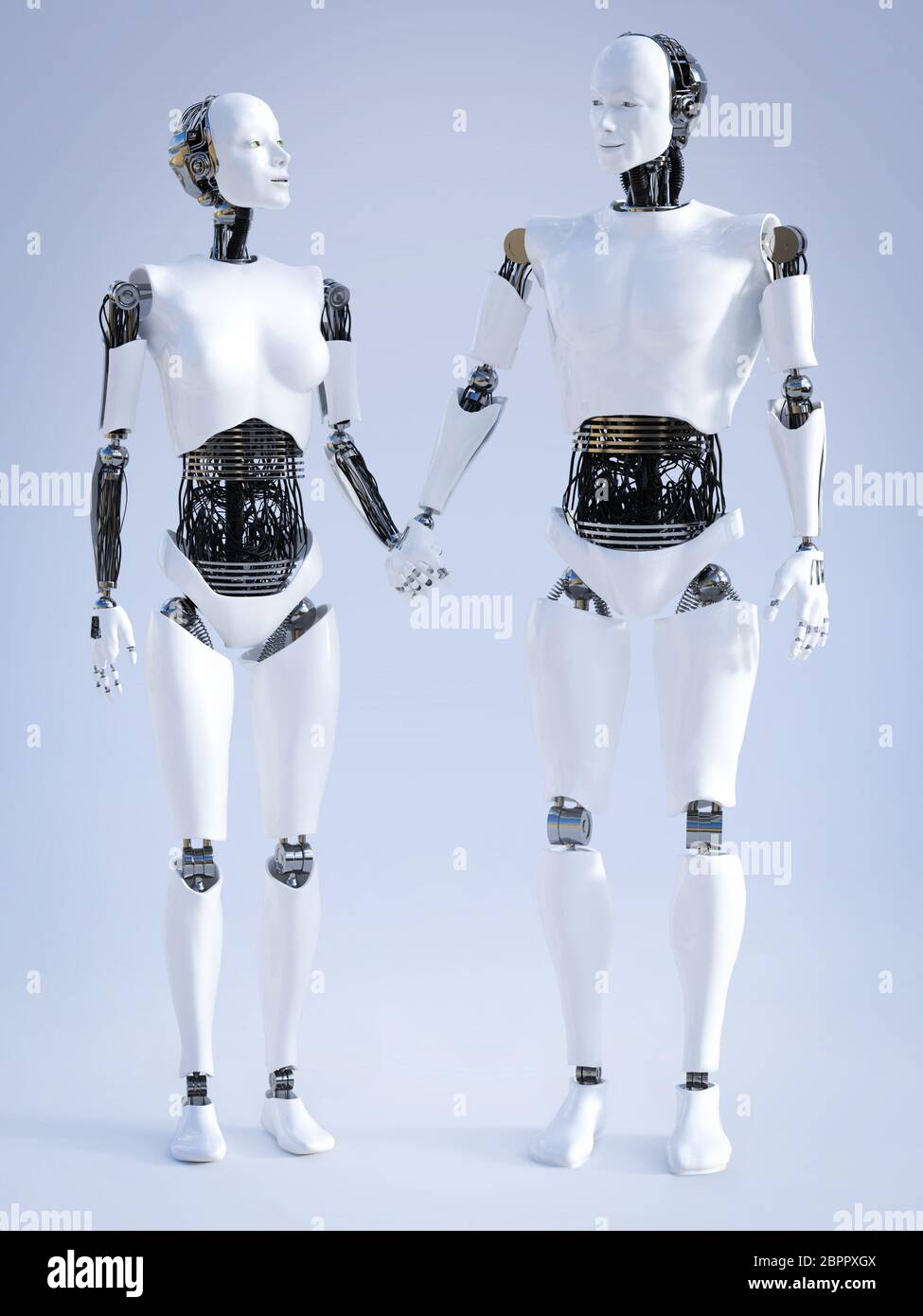 3D rendering of a male and a female robot standing beside each other ...