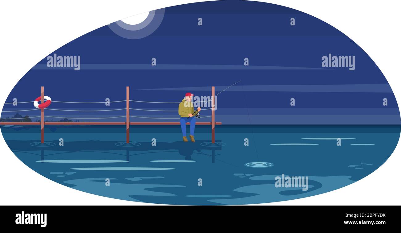 Man on bridge during night semi flat vector illustration Stock Vector ...