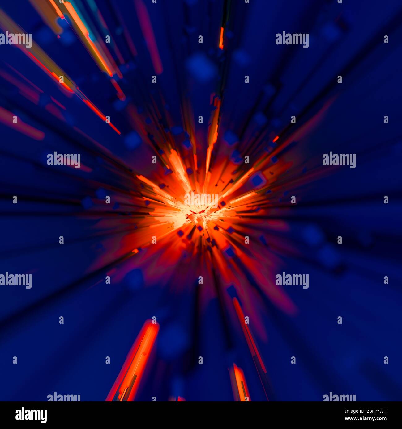 Fiery explosion or blast concept with rectangular dark blue rods on a ...