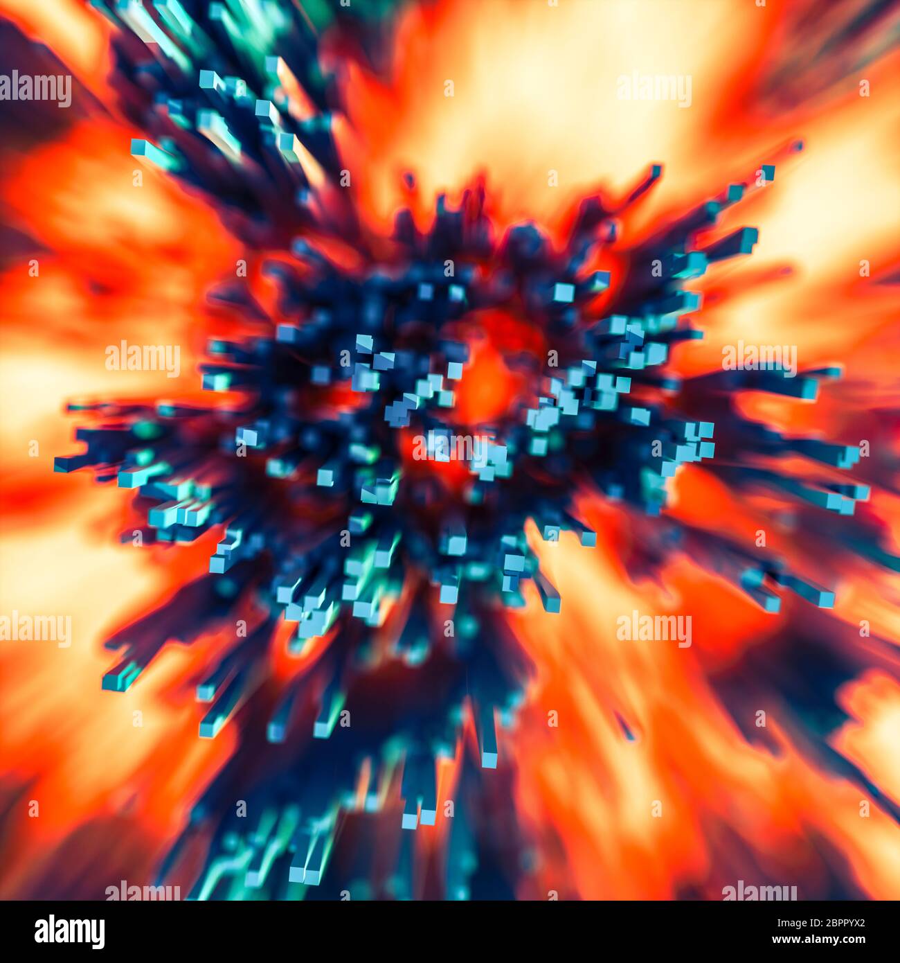 Fiery explosion or blast concept with rectangular dark blue rods on a ...