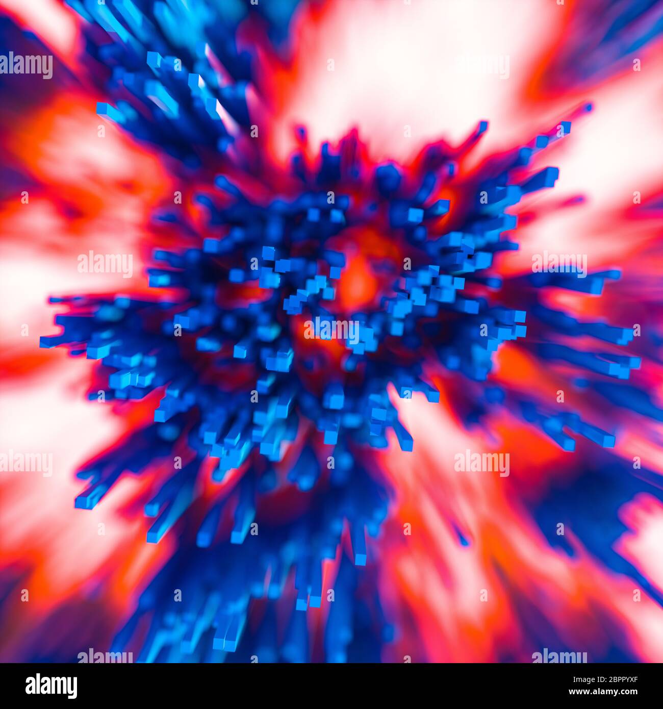 Furious blast or explosion design with square, blue bars on a glowing ...