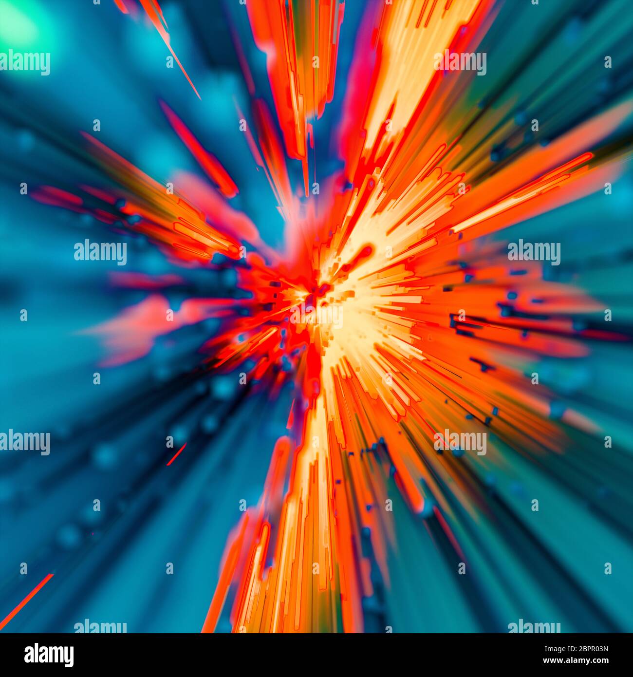 Furious blast or explosion design with square, blue bars on a glowing ...
