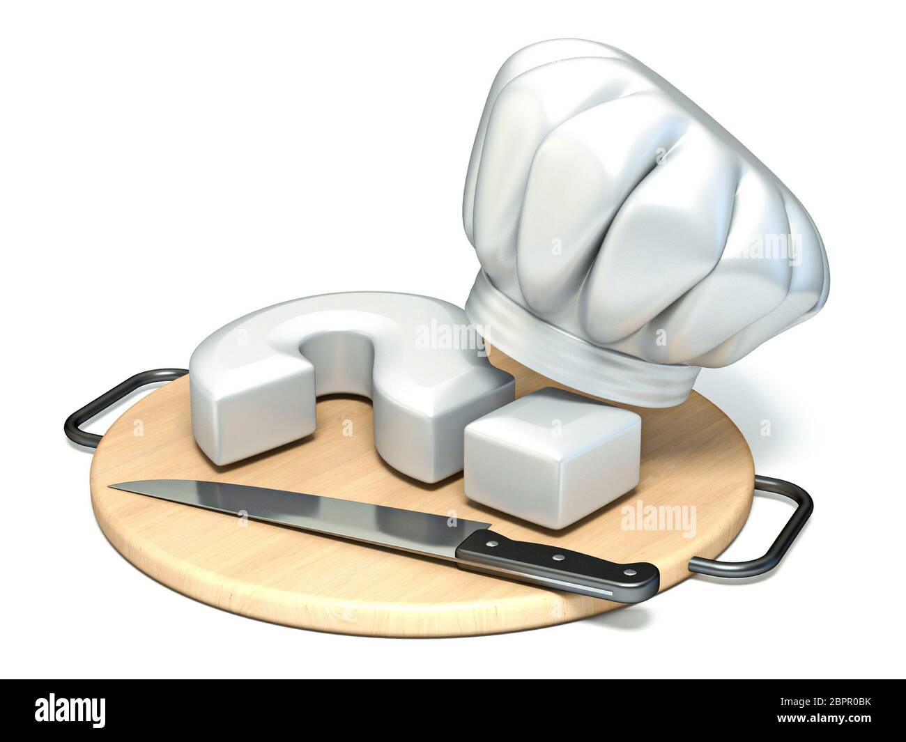 Question mark, kitchen board, chef's hat and knife 3D render ...