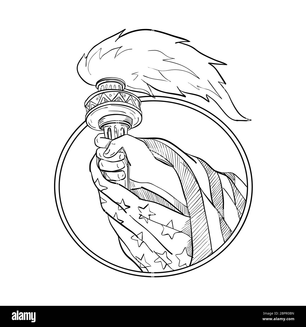 Drawing sketch style illustration of a hand holding a Statue of Liberty ...