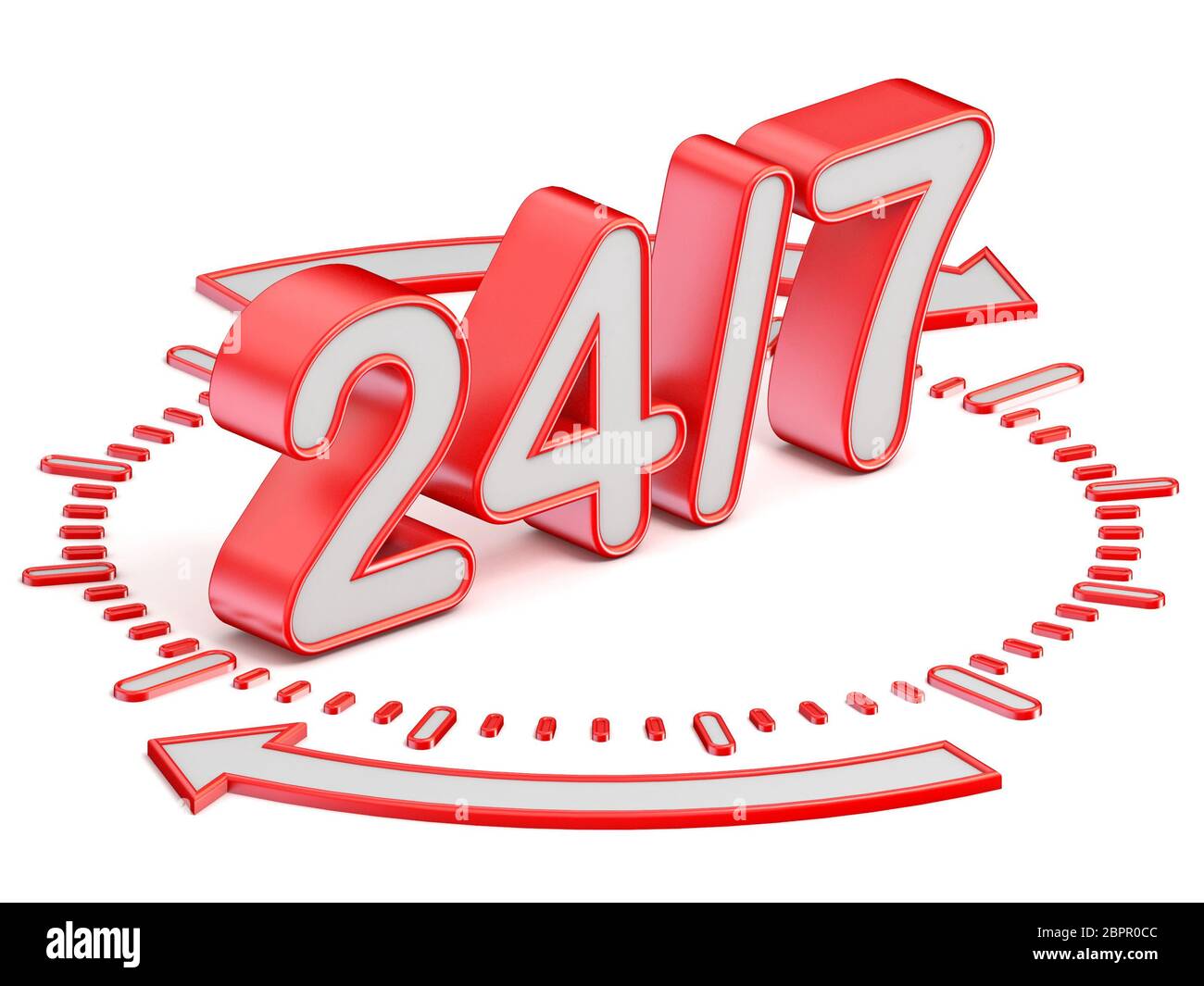 24/7 text on clock face 3D render illustration isolated on white ...