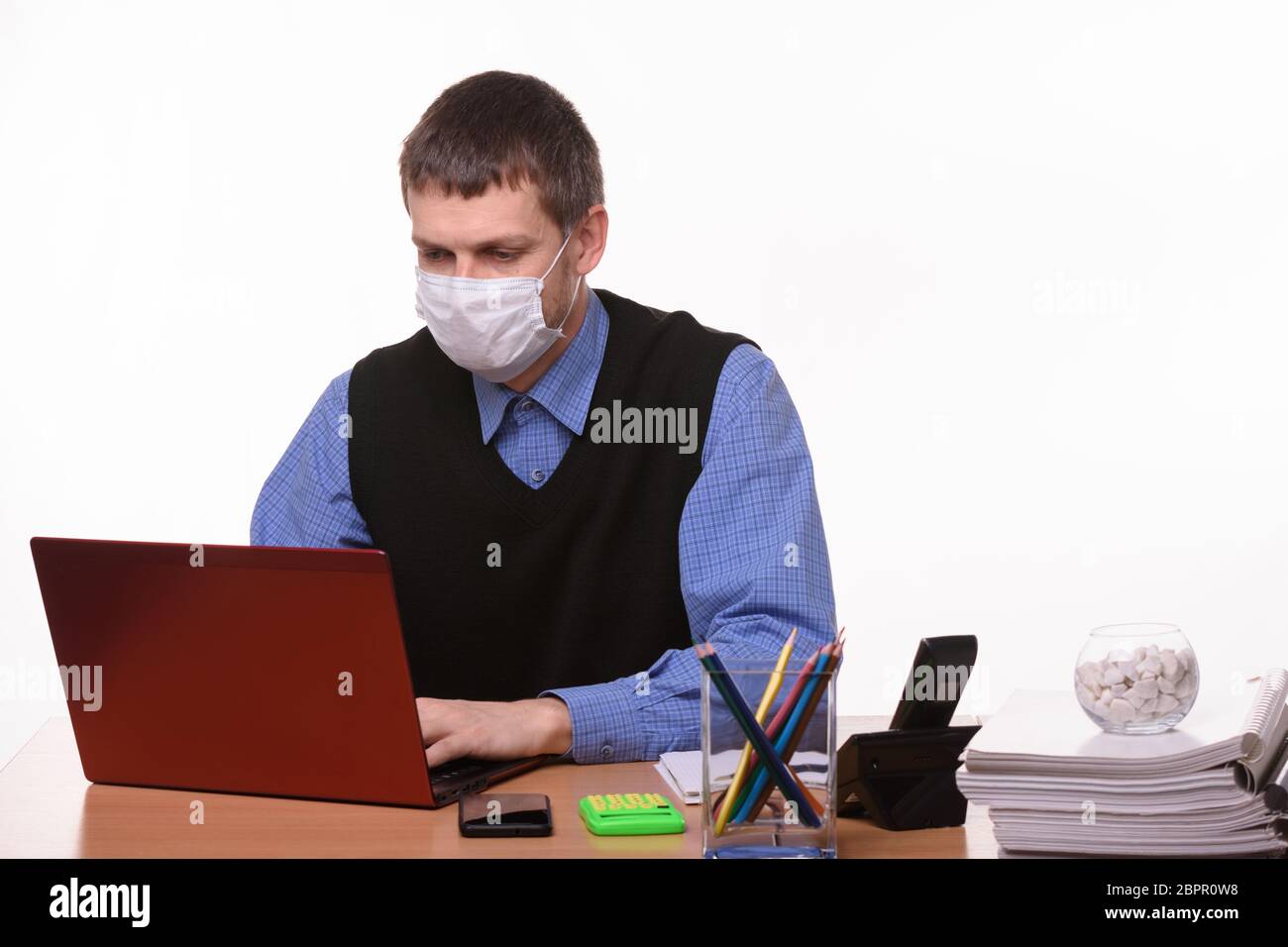 Office clerk working in computer isolated on white background Stock ...