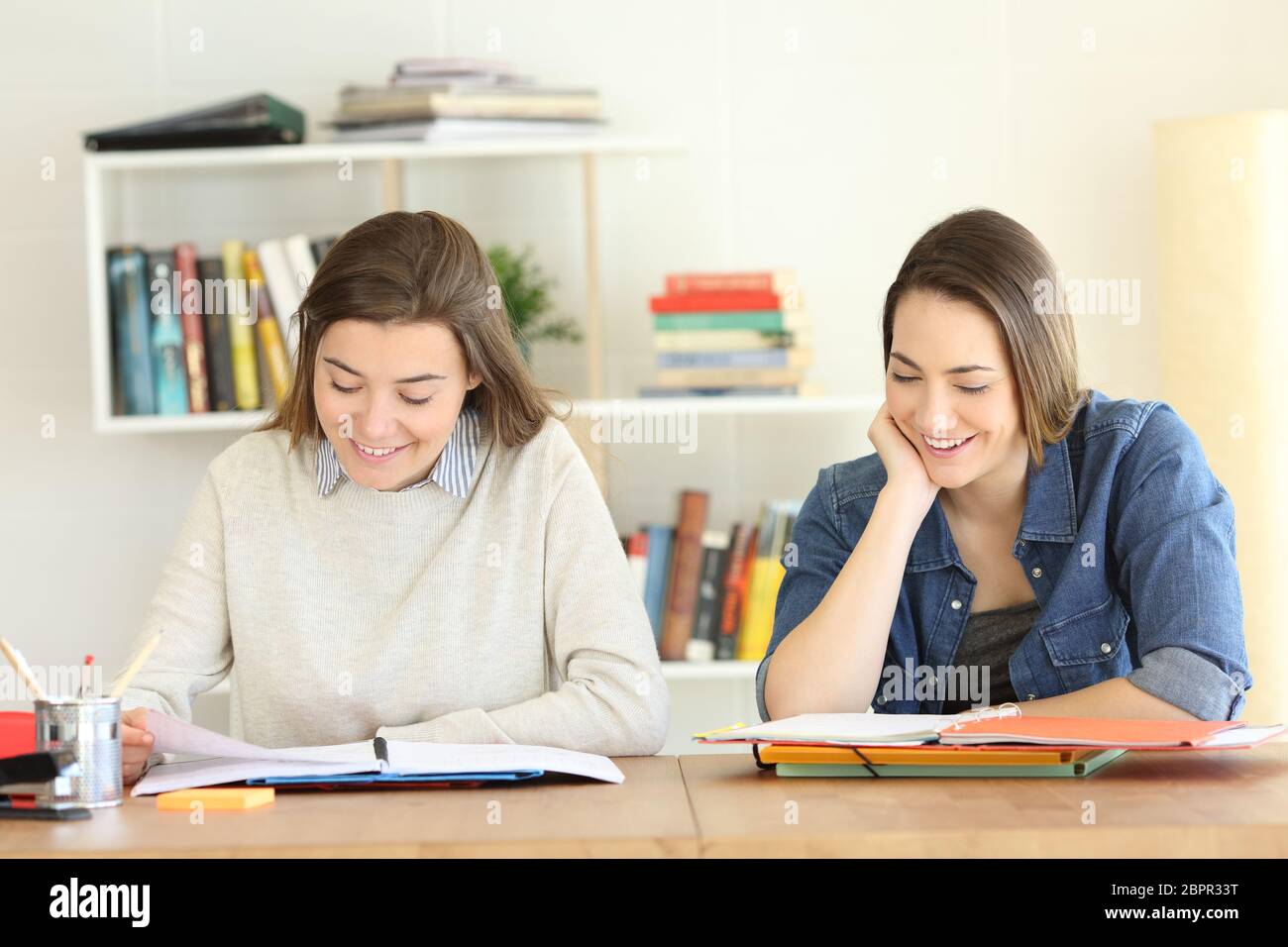 Front view portrait of two happy students learning together at home ...