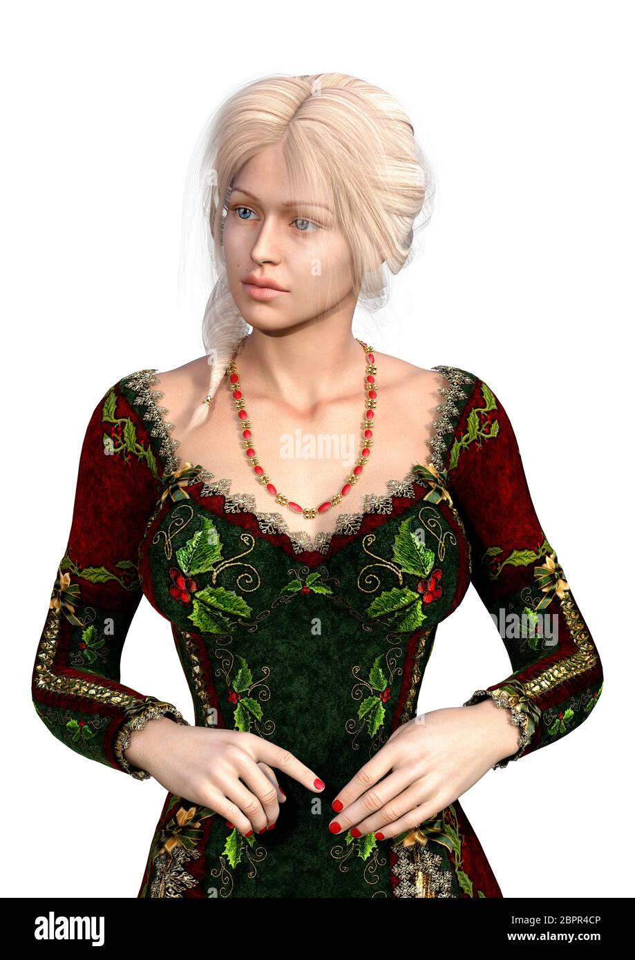 3D rendering of a beautiful fairy tale princess in a red dress isolated ...