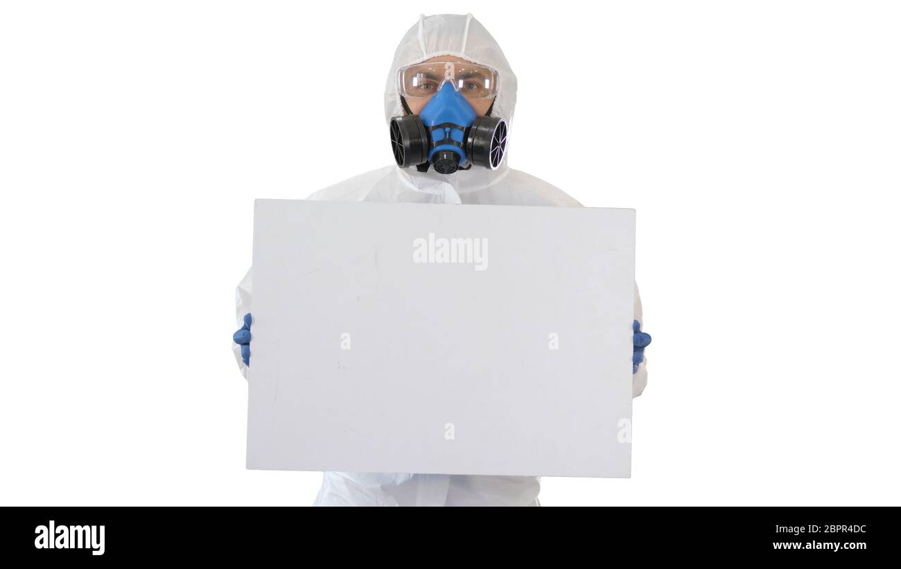 Lab scientist in safety suit holding empty white board on white ...
