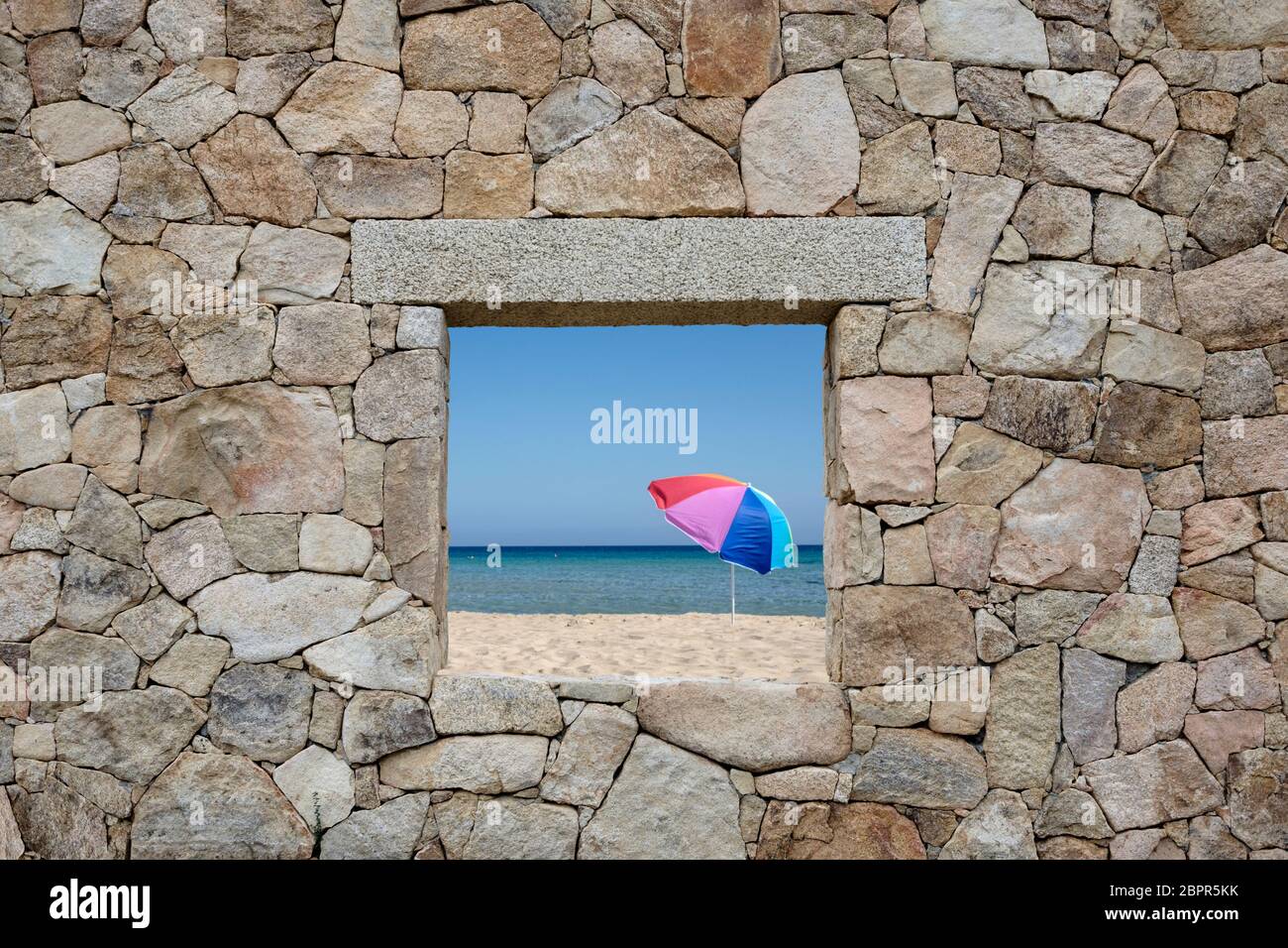 summer beach with colorful umbrella through a window Stock Photo - Alamy