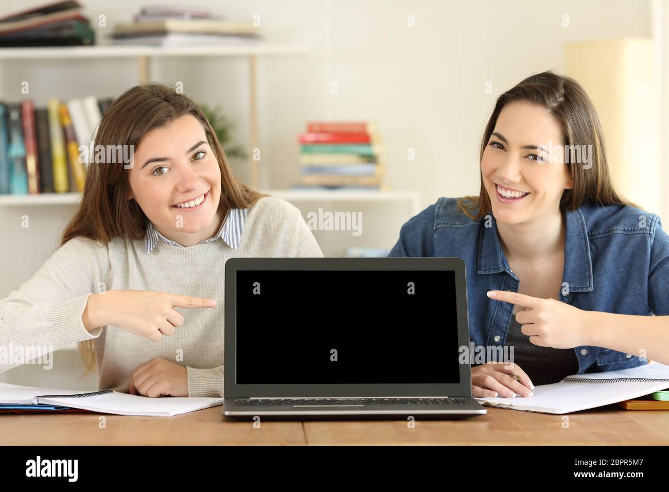 Front view portrait of two students pointing at a laptop screen mockup ...