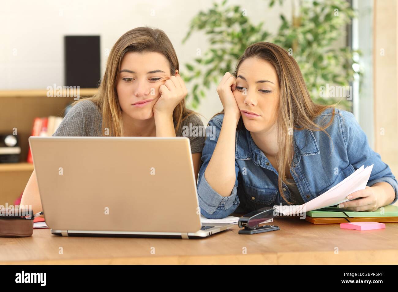 Two bored or tired students doing homework together on line with a ...
