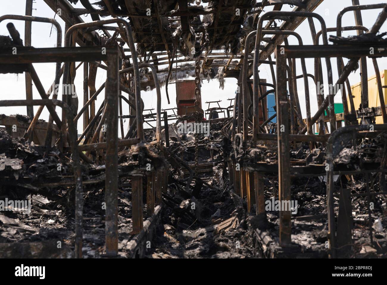 Burned Coach Bus Vehicle at Highway Accident Stock Photo - Alamy