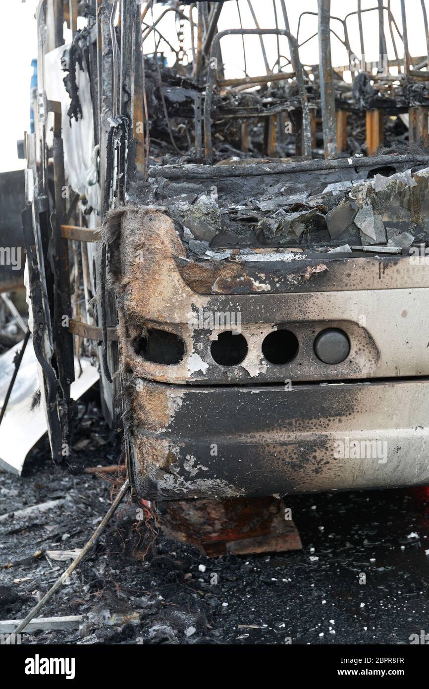 Burned Coach Bus Vehicle at Highway Accident Stock Photo - Alamy