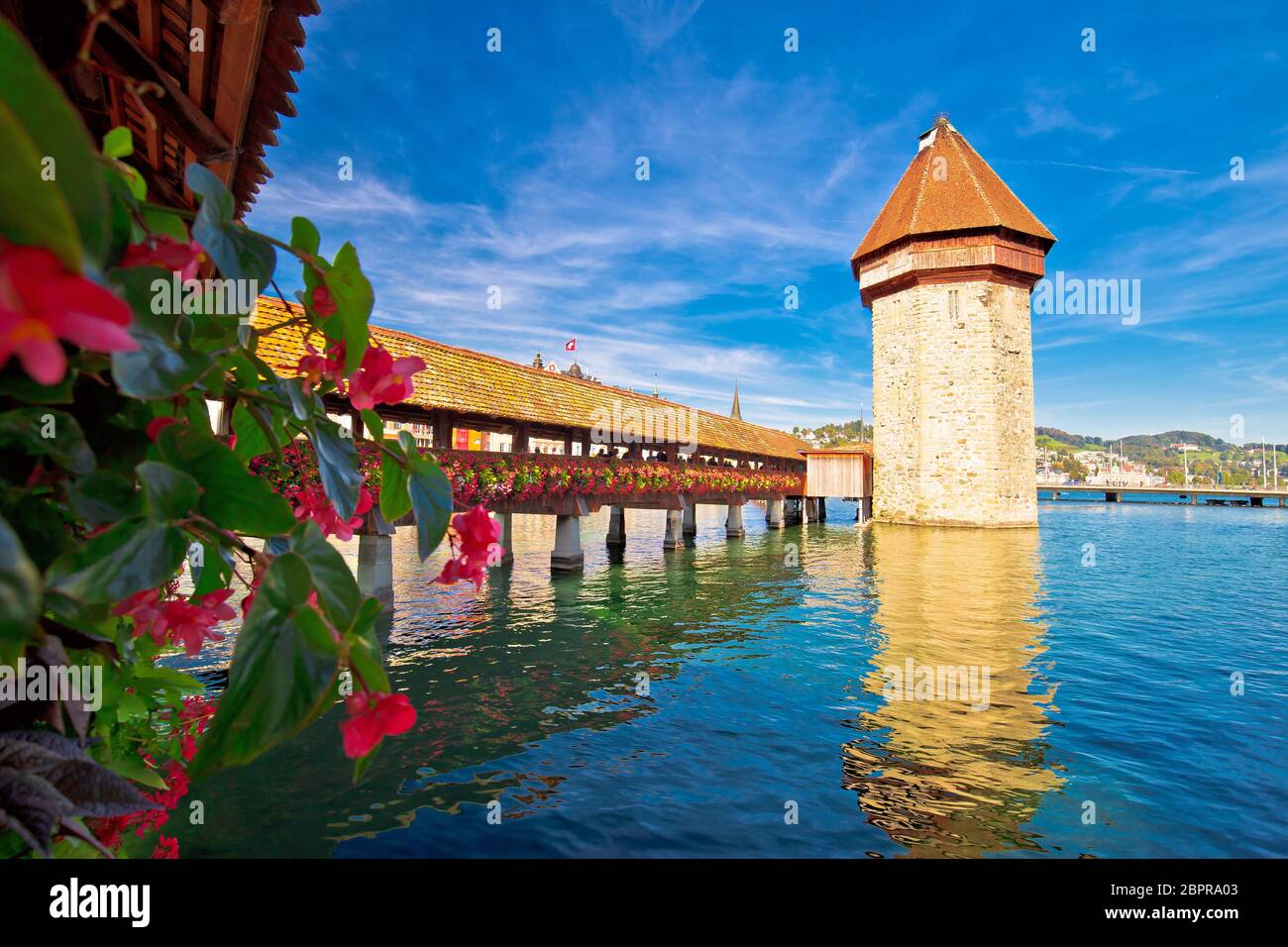 Luzern Chapel Bridge Tower and waterfront landmarks view, town in ...