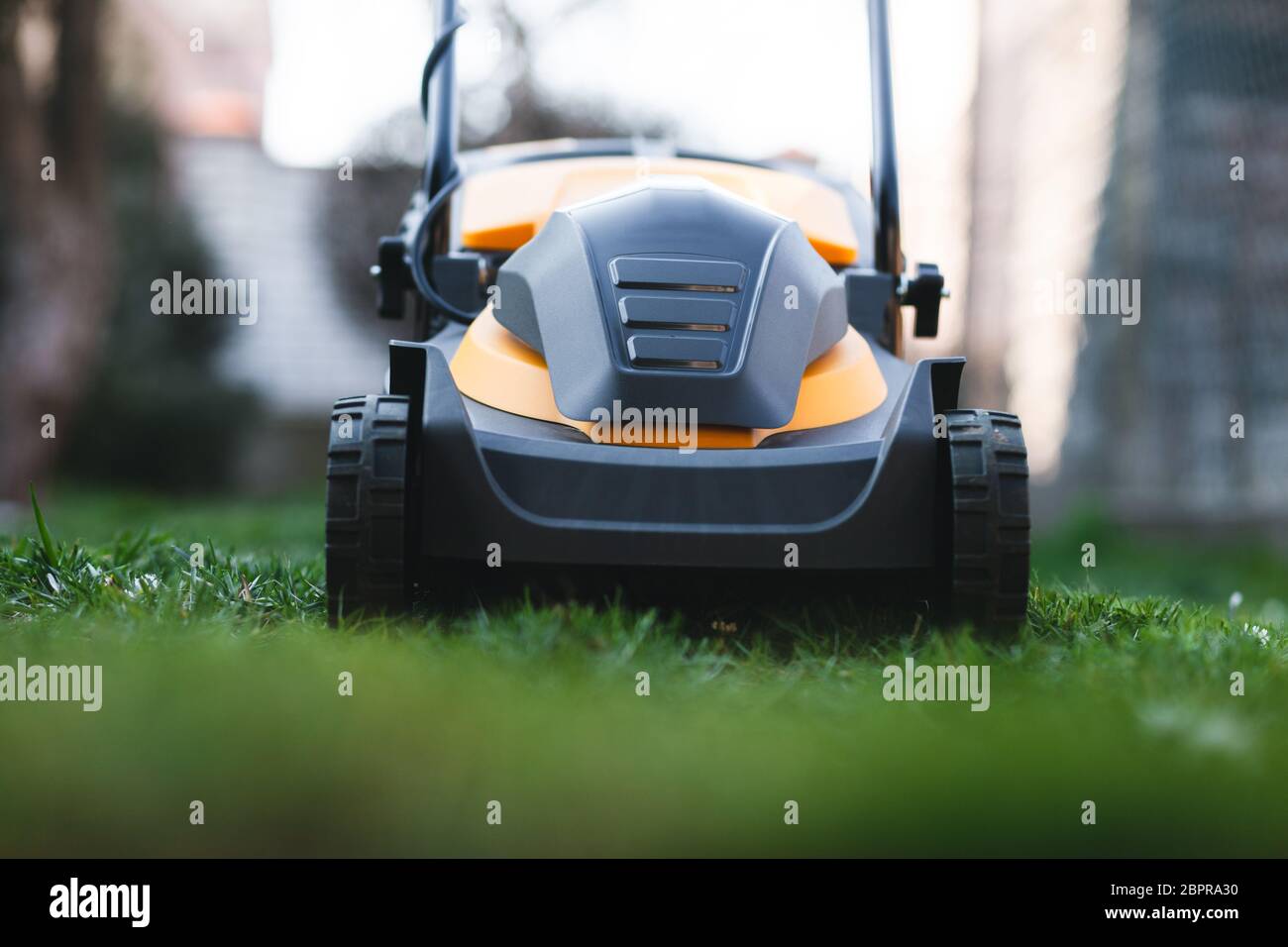 Electric lawn mower on grass front view Stock Photo - Alamy