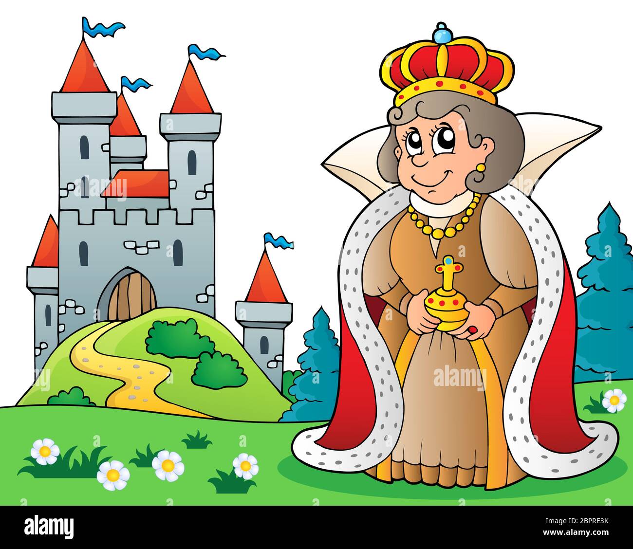 Happy queen near castle theme 3 - picture illustration Stock Photo - Alamy