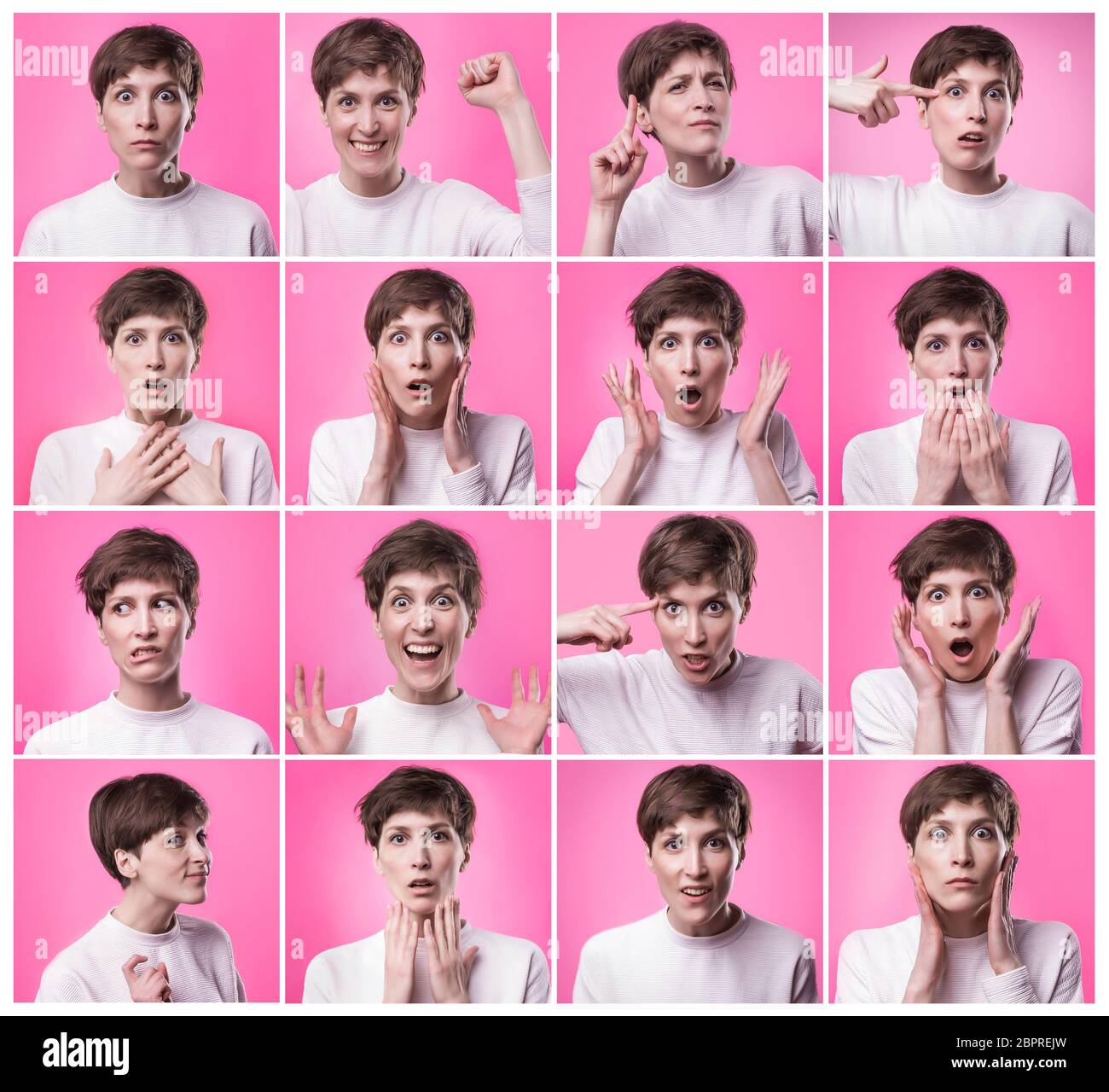 Different emotions collage. Set of young emotional woman over pink ...