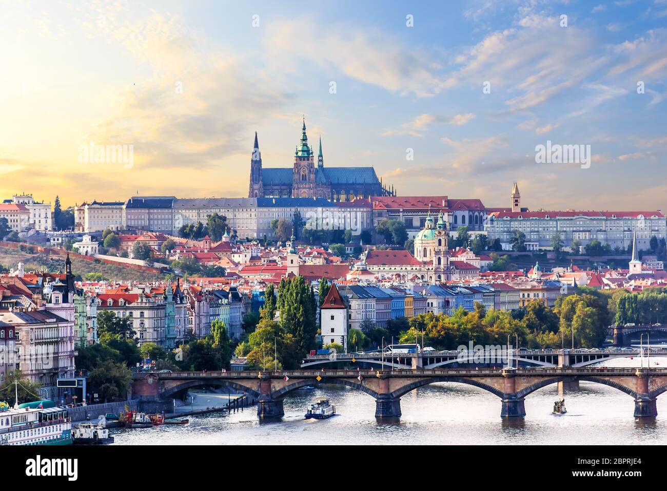 Prague city view with Manes bridge and Lesser Town with Prague castle ...