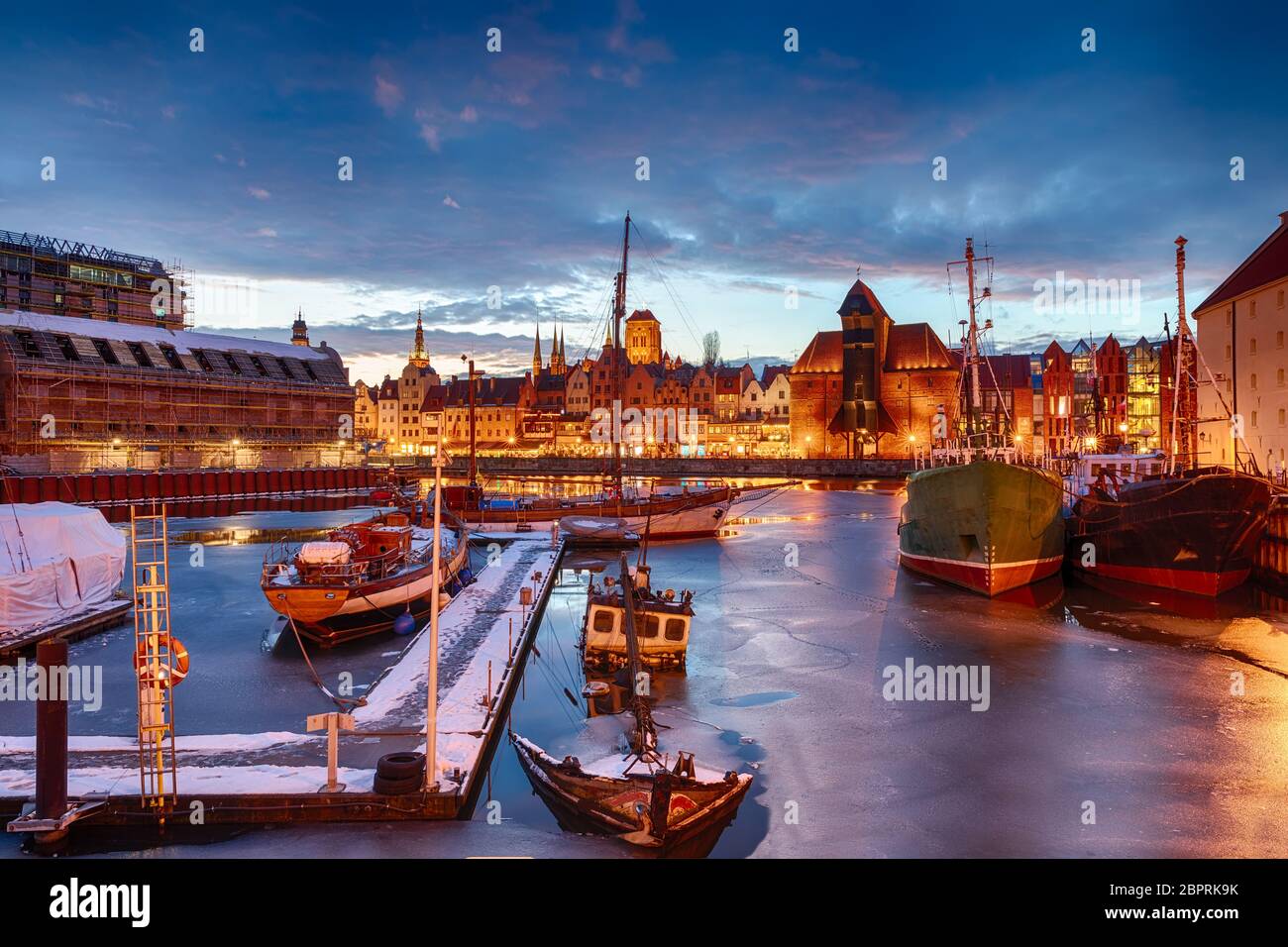 Gdansk port in Old town, night winter view Stock Photo - Alamy