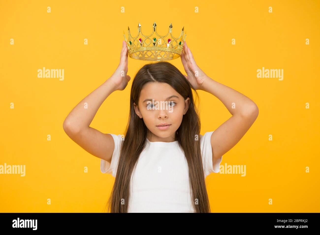 Lady little princess. Compelling baby. Kid wear golden crown symbol of ...