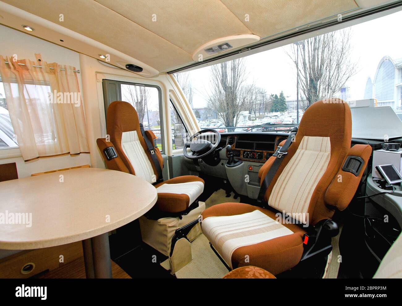 Camper Cabin Interior With Rotating Seats in Recreation Vehicle Stock ...