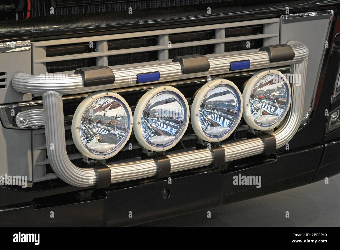 Powerful Rally Lights Reflectors at Aluminium Rail Stock Photo - Alamy