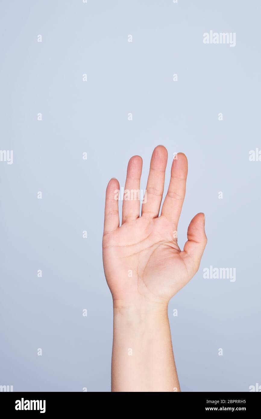female hand raised up on a white background, open palm Stock Photo - Alamy