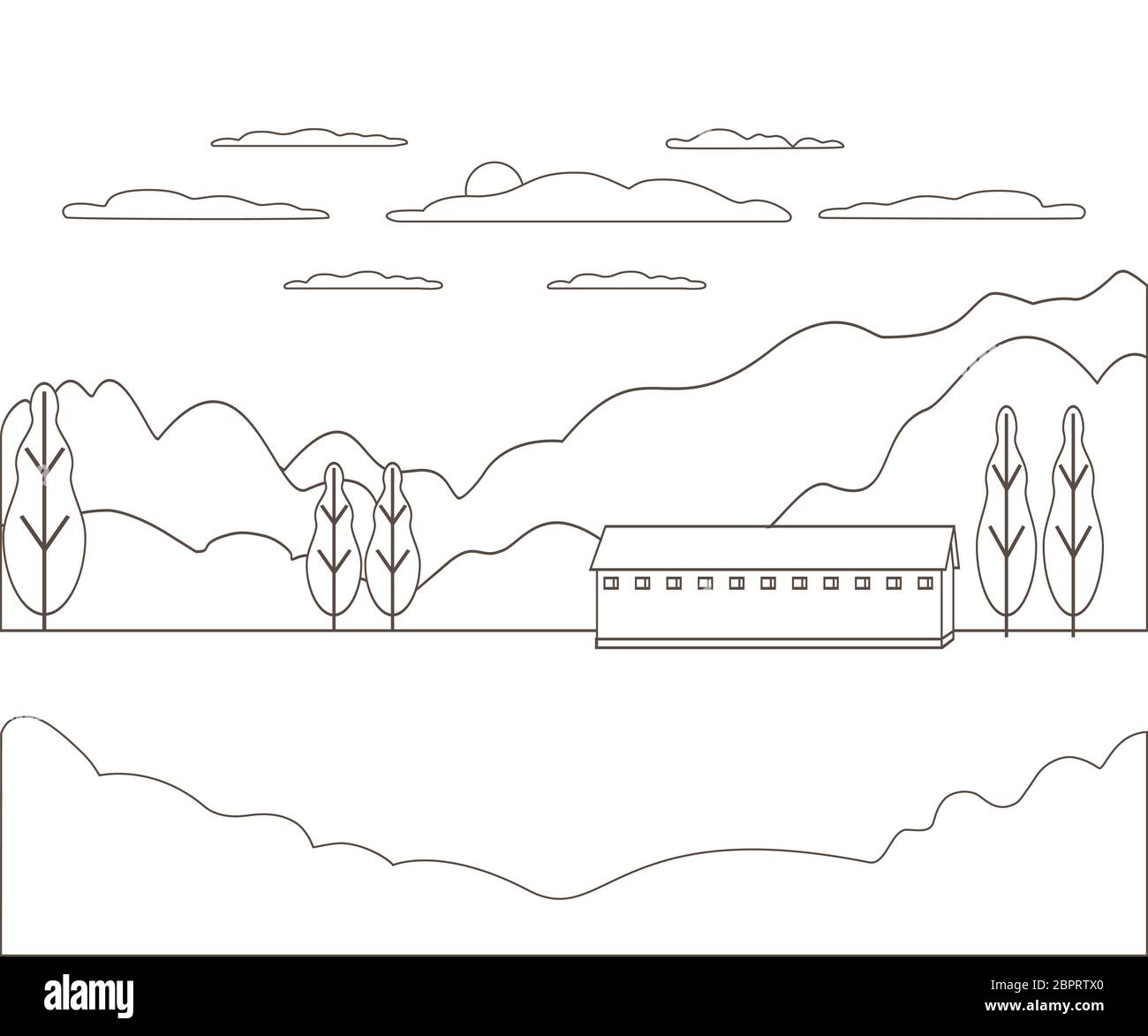 Thin line outline landscape rural farm. Panorama design village modern ...