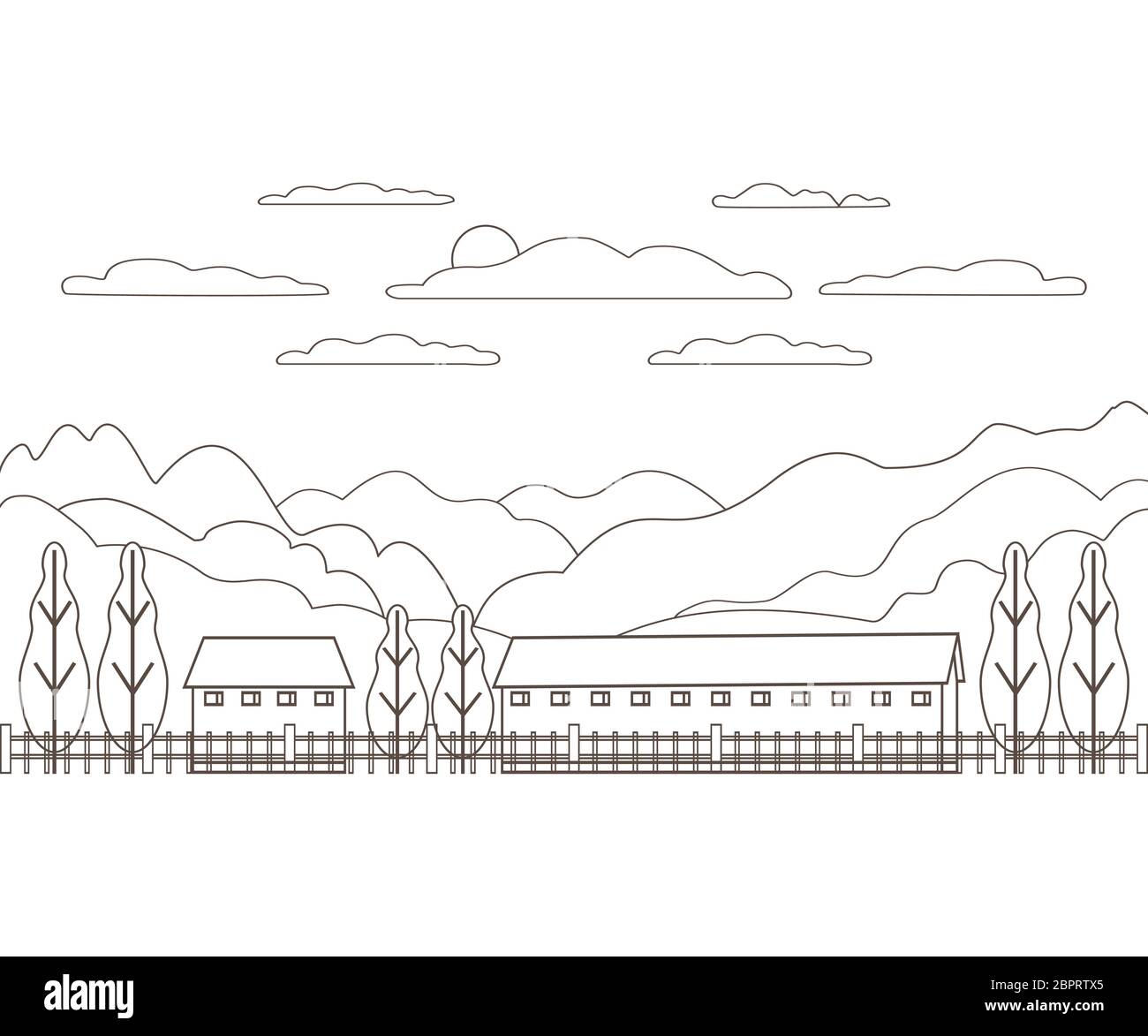 Thin line outline landscape rural farm. Panorama design village modern ...
