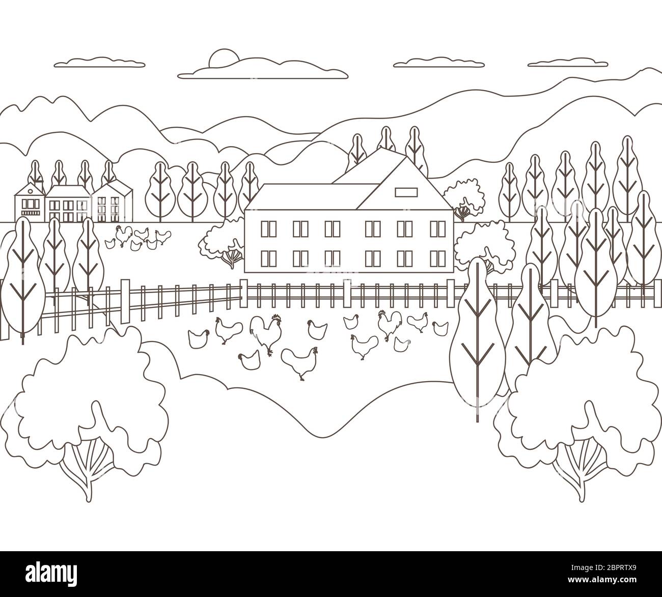 Thin line outline landscape rural farm. Panorama design village modern ...