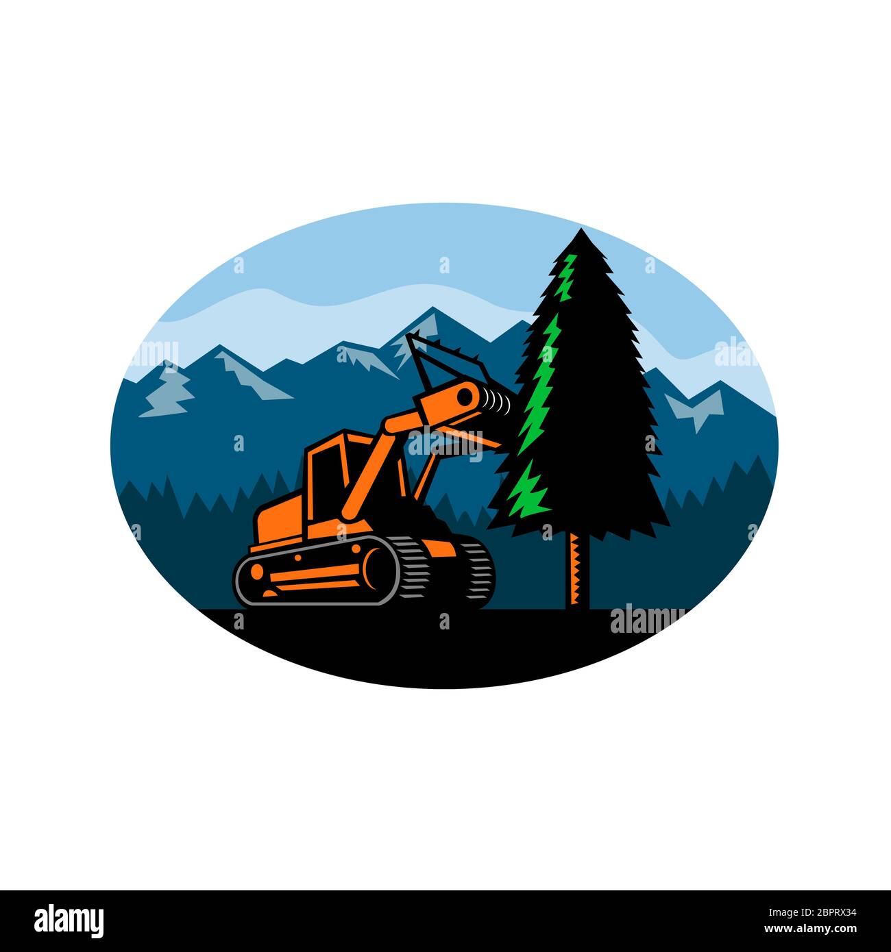 Retro style illustration of a tracked mulching tractor or forestry ...