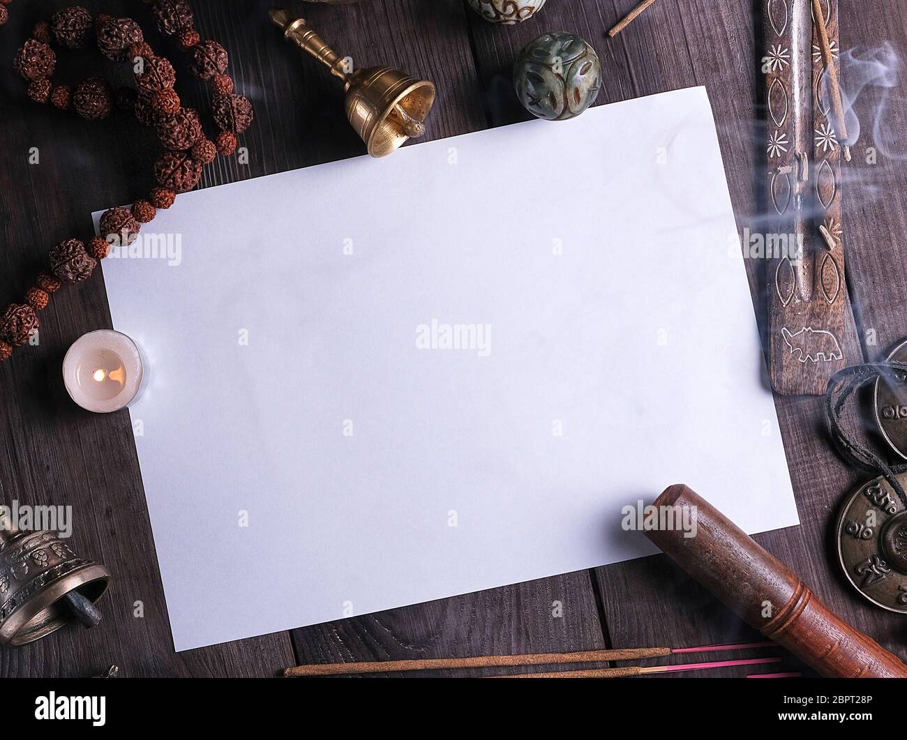 white sheet in the middle of religious objects for meditation ...