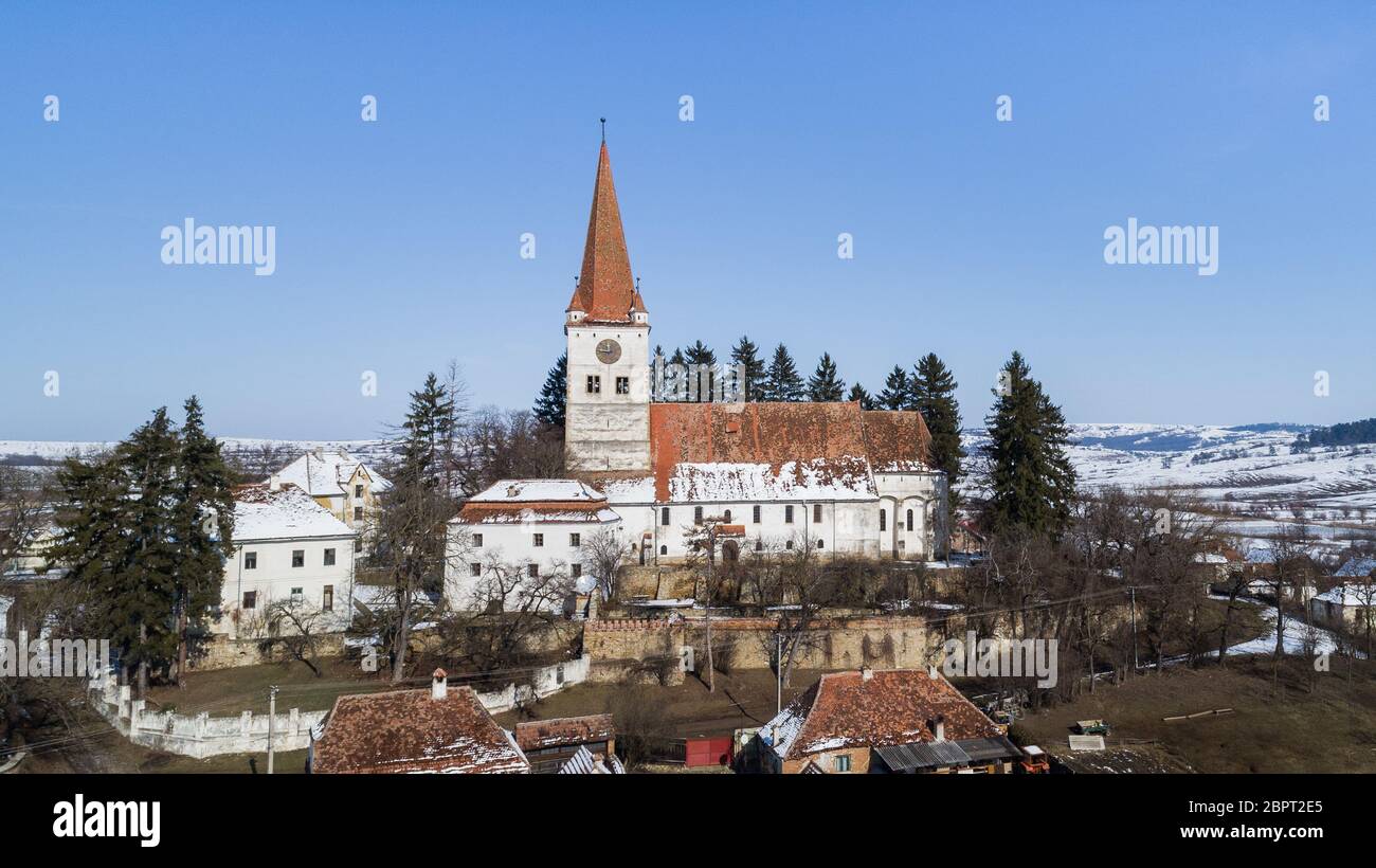 aerial view of Cincu medieval church. Brasov county. Transylvania ...