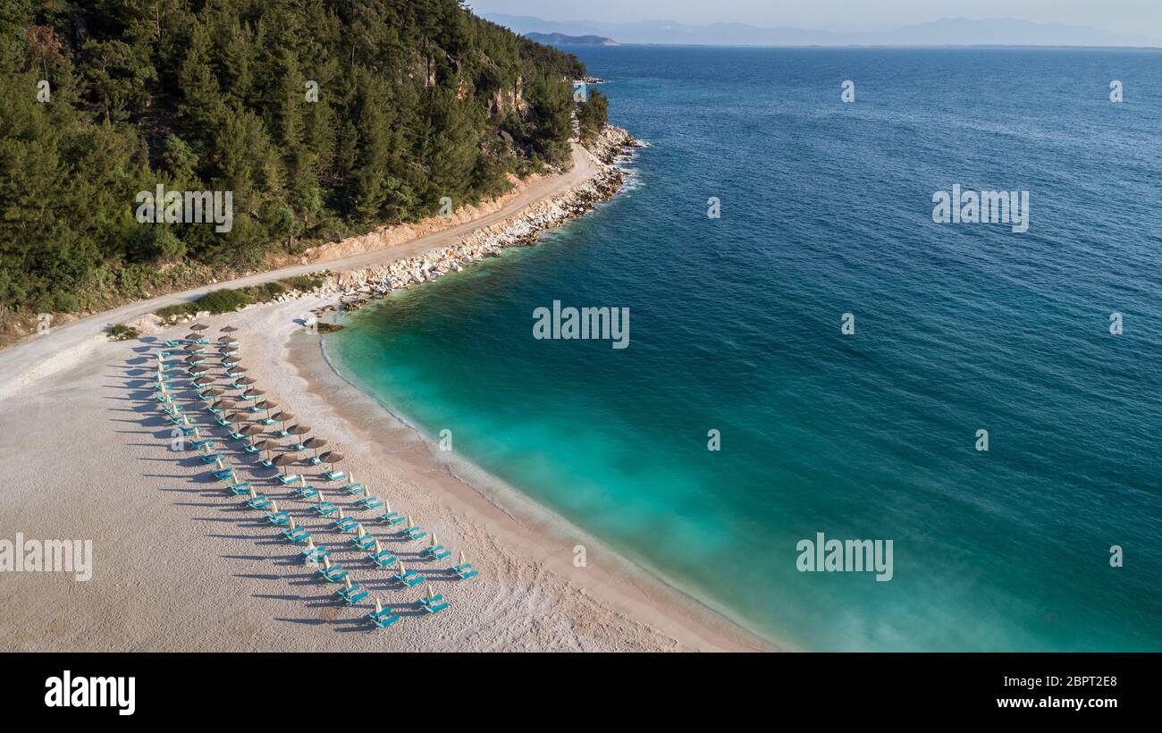 Aerial view of Porto Vathy beach. Thassos island, Greece Stock Photo ...