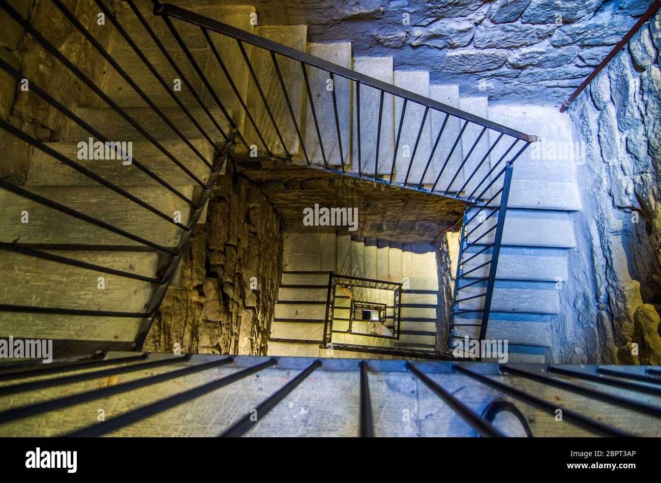 top view from the inside of the historic tower with ghosts coming down ...