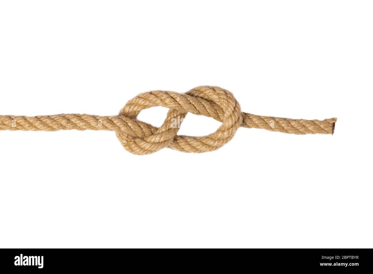 Rope isolated. Macro of figure eight node or knot from two brown ropes ...