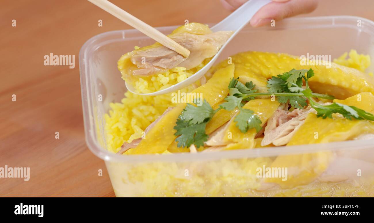 Steamed chicken rice in plastic box Stock Photo - Alamy