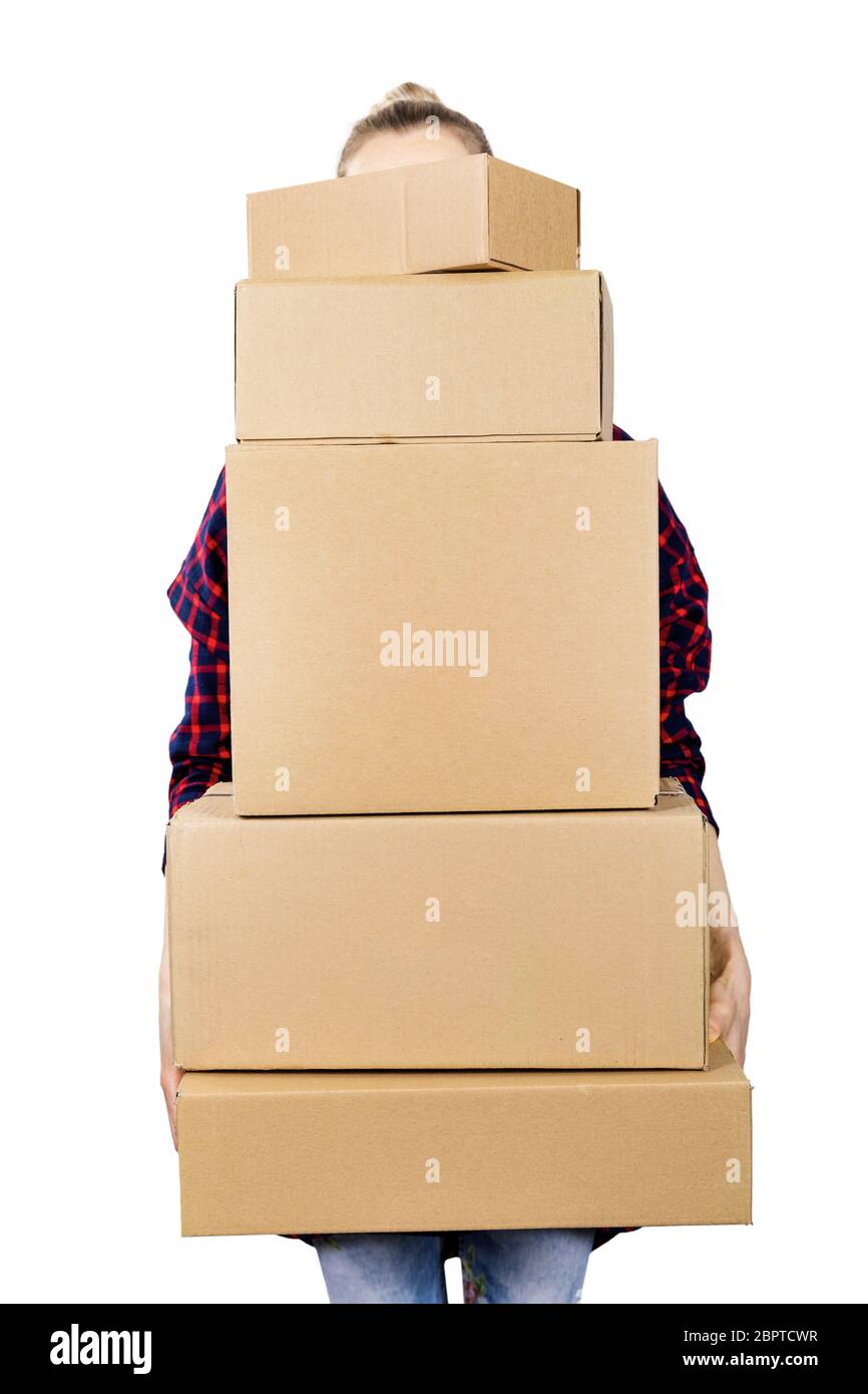 Woman carrying stack of cardboard boxes hi-res stock photography and ...