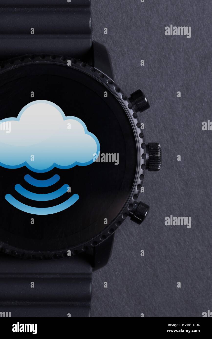 Black smartwatch isolated on a black background, wifi or cloud Stock ...