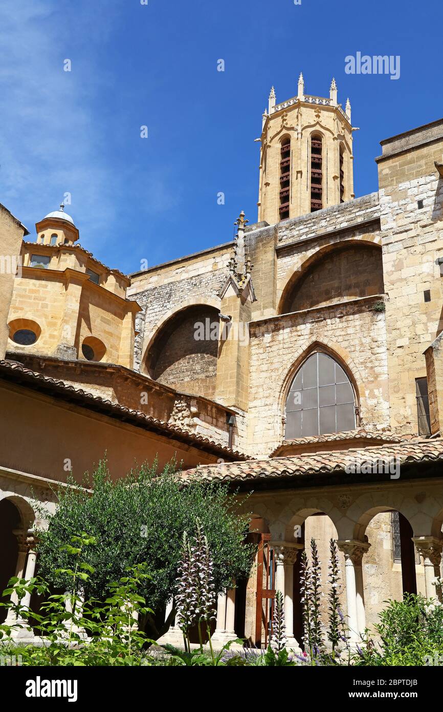 View of famous Aix Cathedral of the Holy Saviour (Saint-Sauveur) bell ...