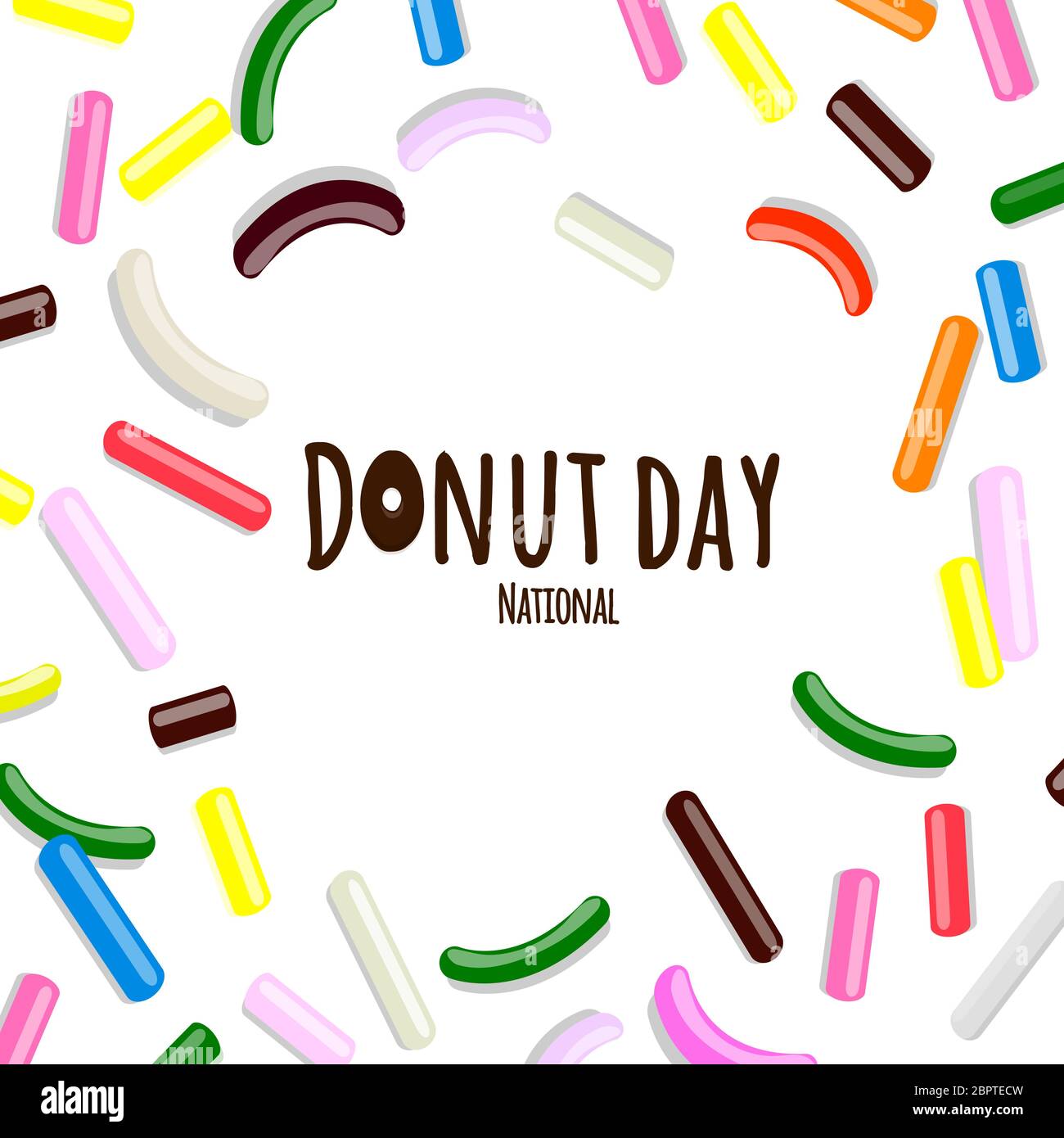 National Donut day text in cartoon style with multi-colored pastry ...