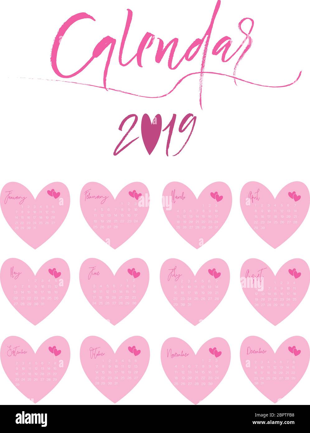 Calendar design for 2019. Simple background, pink design. The week ...