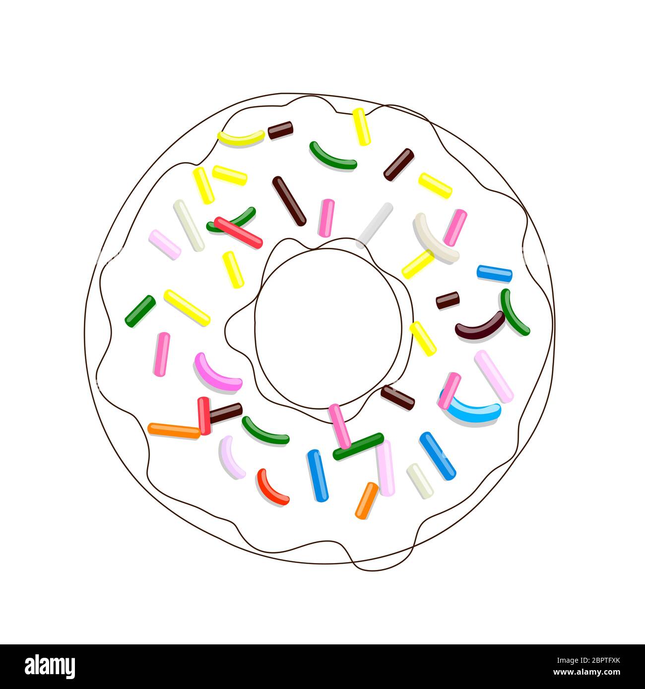 Donut in line art with multi-colored pastry topping isolated on white ...